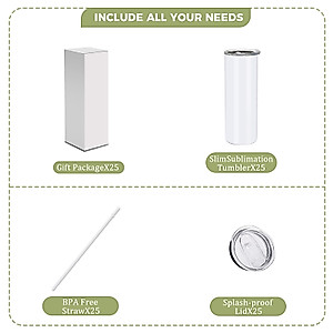 ZREGGUR 25 packs Metal mugs 30 oz sublimation Blanks tumblers skinny straight Double Wall coffee cups stainless steel travel Vacuum Insulated tumbler with lids and straws, White