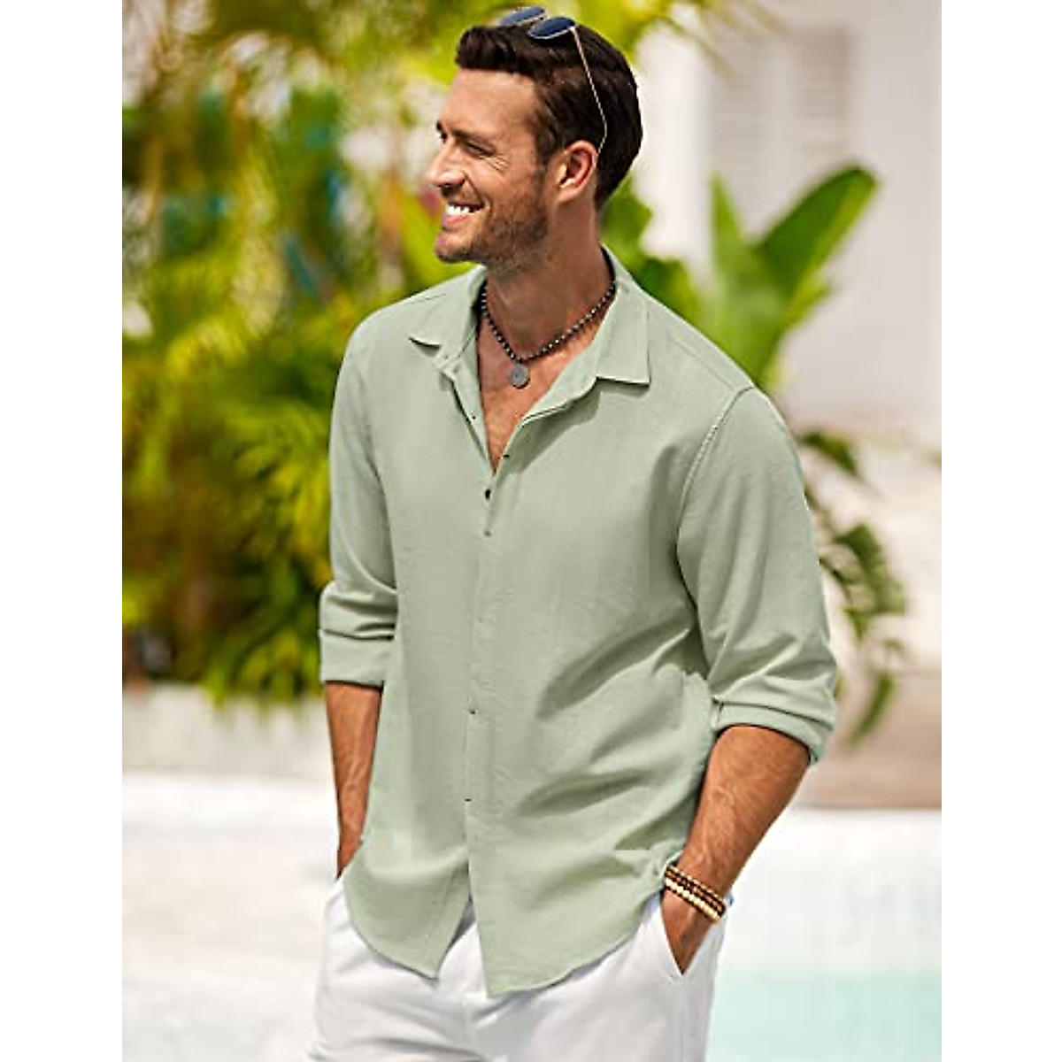 COOFANDY Men's Beach Linen Shirts Long Sleeve Casual Buttton Down Shirts Beach Dress Shirt Light Green