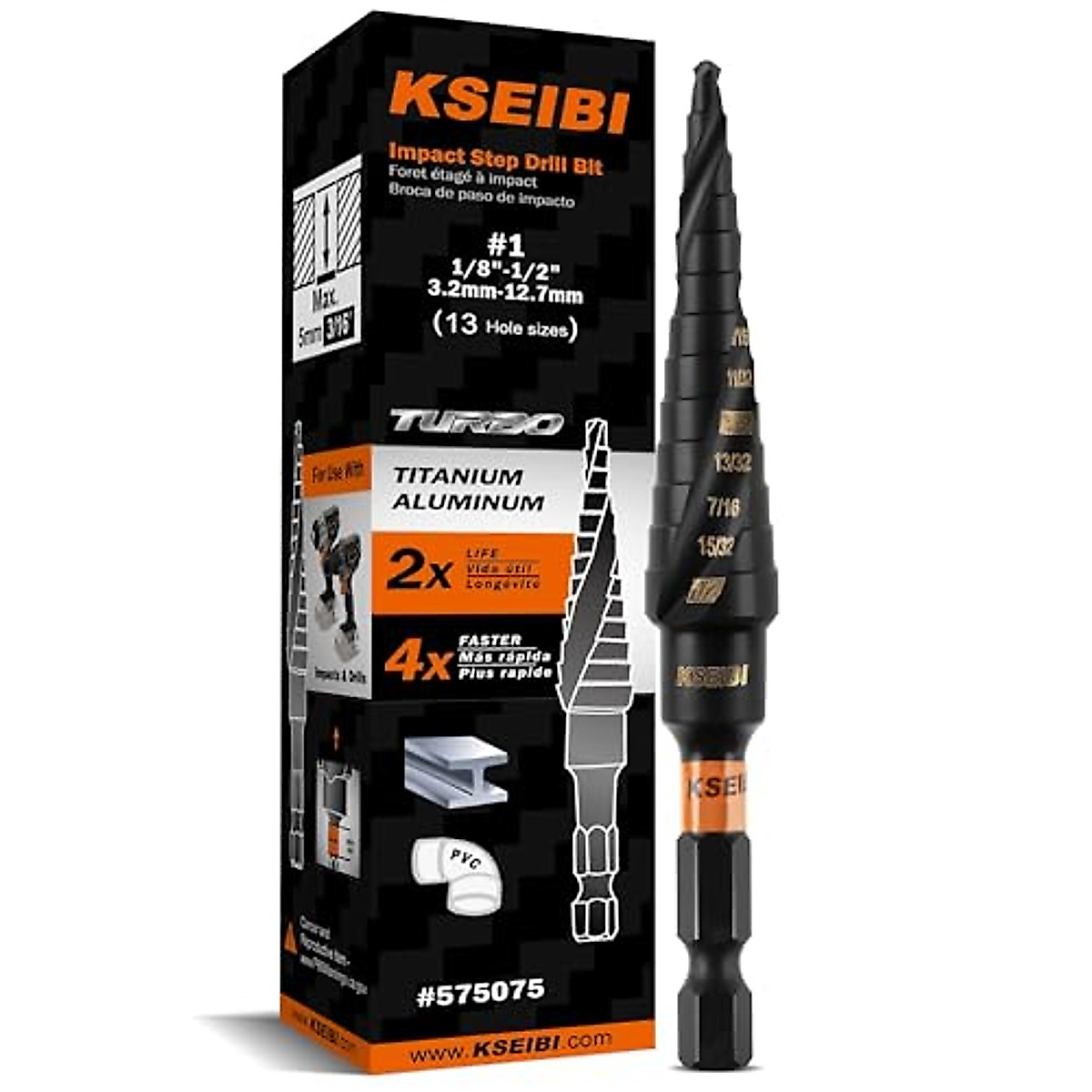 KSEIBI 13 Steps 1/8-1/2 inch SAE Standard Industrial Grade Step Drill Bit Ready Impact 1/4 inch Shank, 575075 High Speed Steel Black Oxide M2 Metal Drill Bits