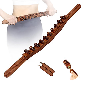 Wood Therapy Guasha Wood Stick Massage Tools, Lymphatic Drainage Massage Stick, Stomach Cellulite Massager, Myofascial Release Tool, Ease Pain Self Body Sculpting, Mountable Handle Double Row 20 Beads