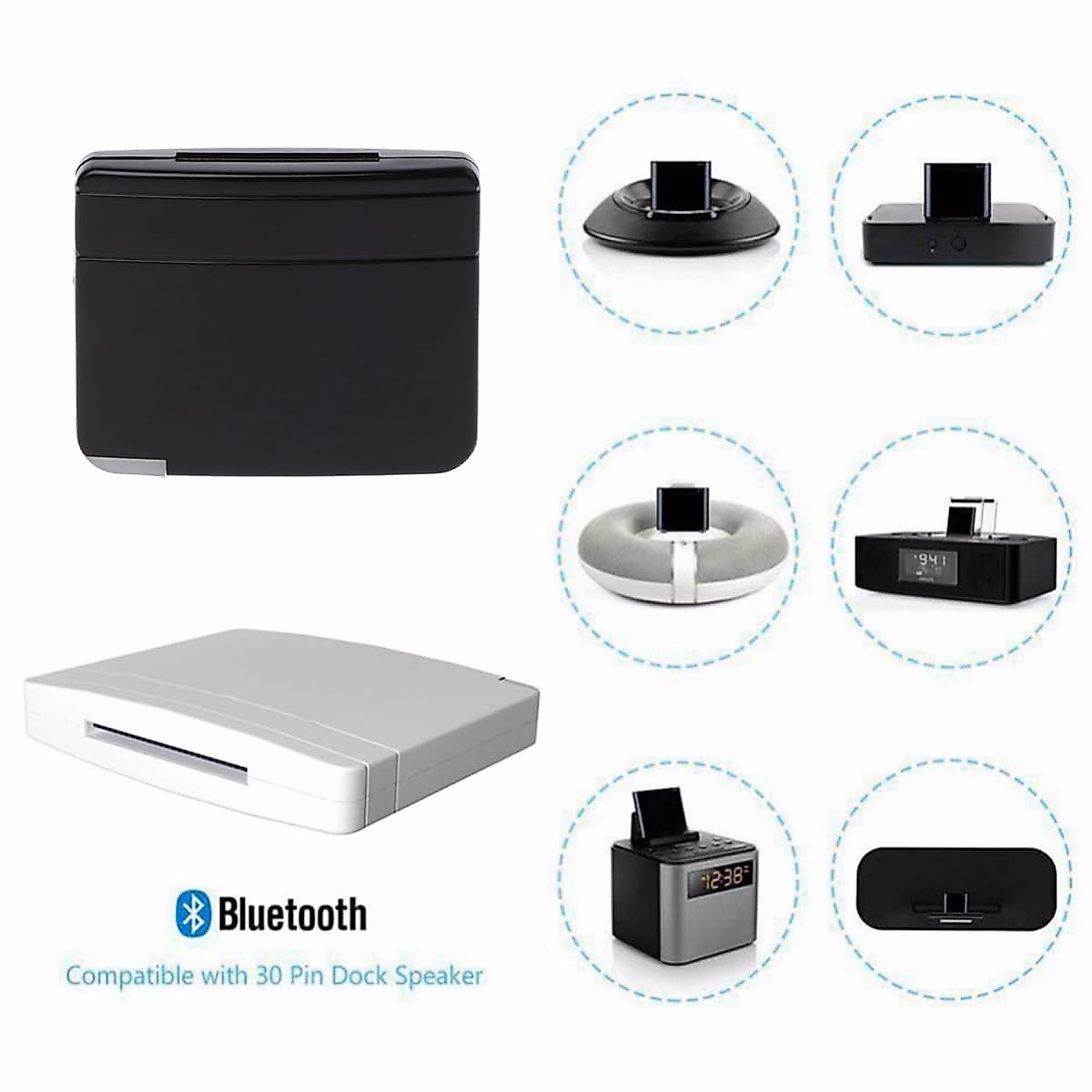 30 Pin Bluetooth Receiver Adapter for iPod iPhone iPad Speaker Dock Bluetooth A2DP Music Audio Receiver 30 Pin Compatible Bose iPod SoundDock (White)