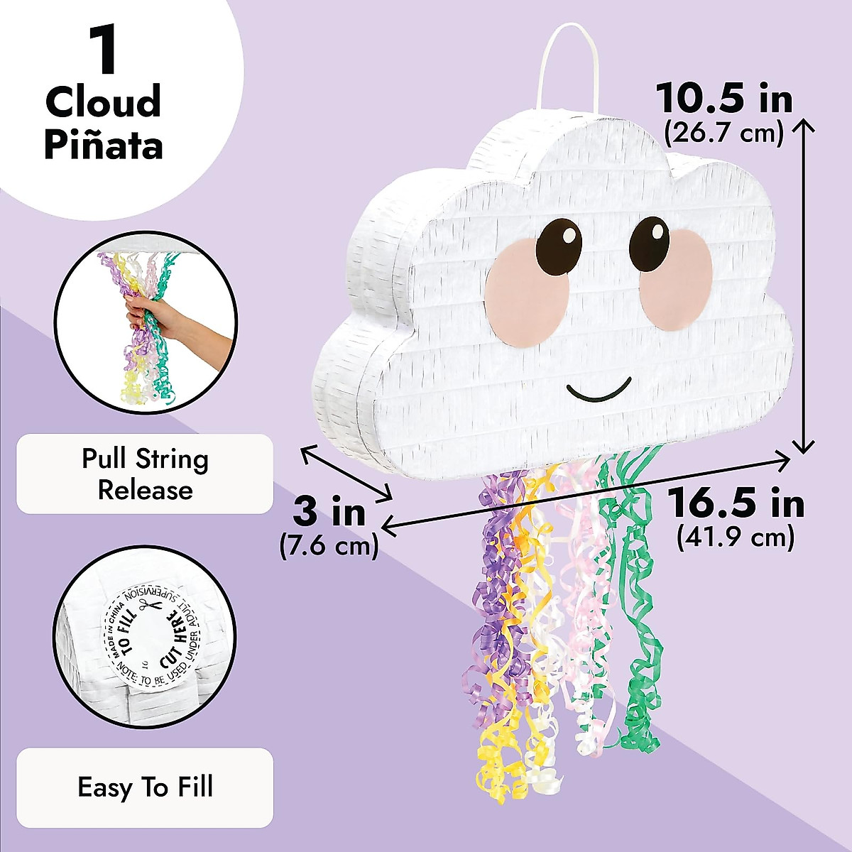 BLUE PANDA Pull String Cloud Pinata for Girls Rainbow Birthday Party Supplies, Baby Shower Decorations (16.5 x 10 x 3 In)