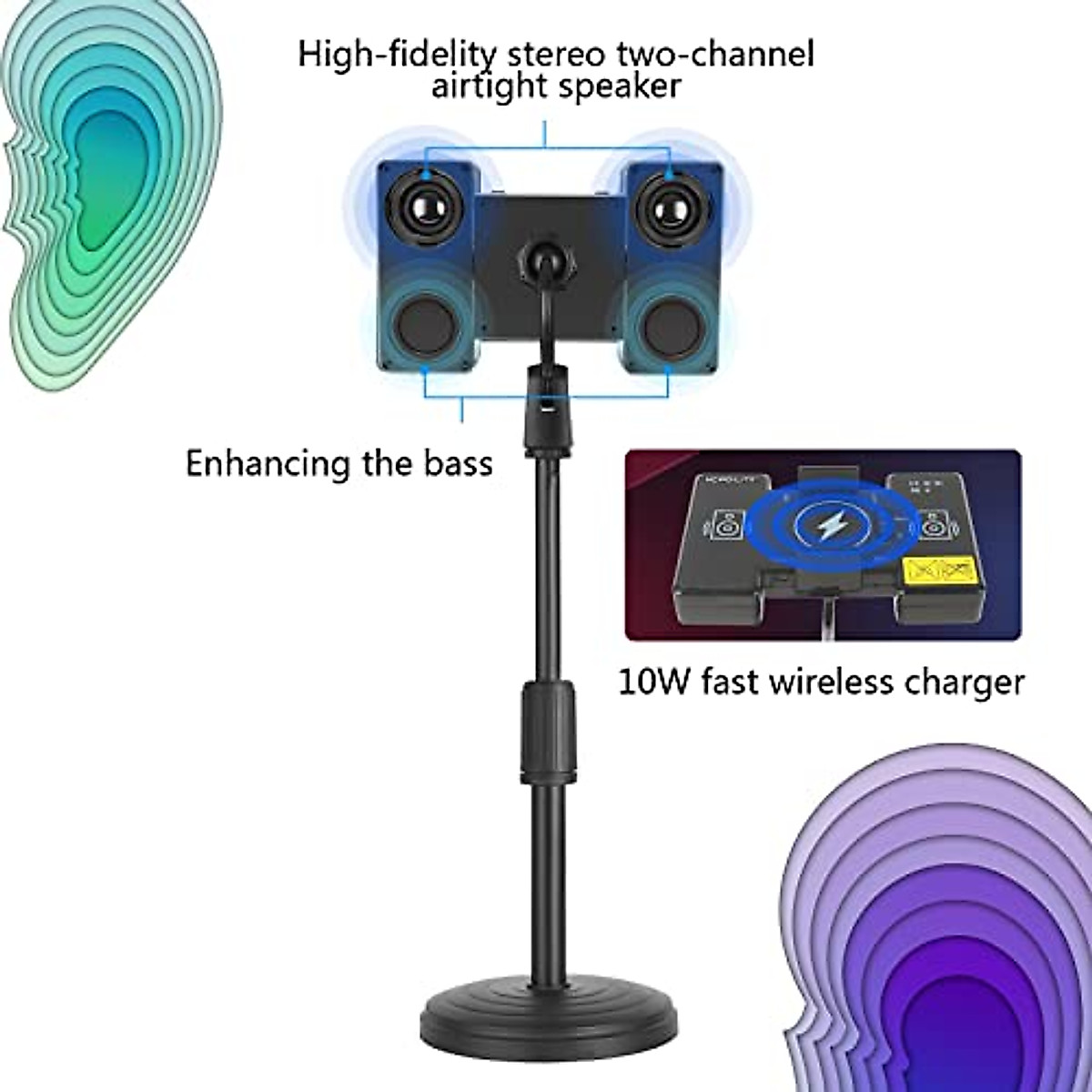 NEWBILITY Cell Phone Stand with Bluetooth Speaker and QI Wireless Charger Dual Stereo Player Infrared Induction Automatic Phone Clip Cell Phone Stand for Desktop 3 in 1