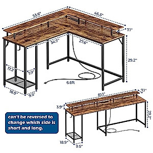 SUPERJARE L Shaped Computer Desk with Power Outlets & LED Lights, Gaming Desk with Monitor Stand & Storage Shelf, Home Office Desk Corner Desk with Hooks, Rustic Brown