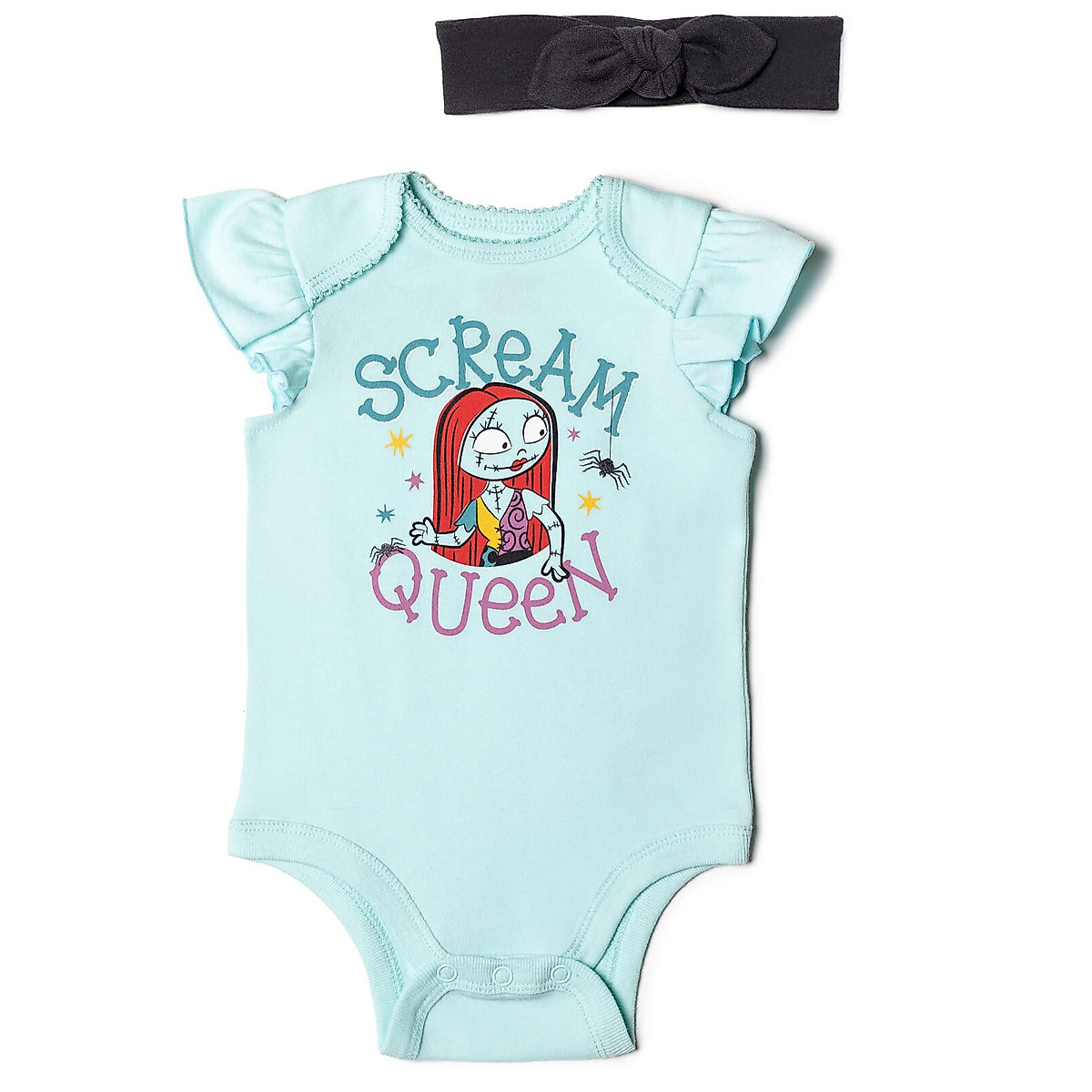Disney Nightmare Before Christmas Sally Newborn Baby Girls Bodysuit Pants and Headband 3 Piece Set Blue 0-3 Months