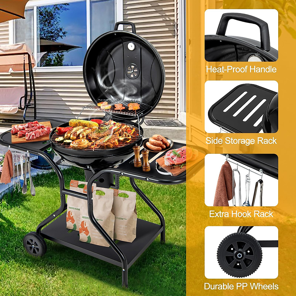 Giantex Kettle Charcoal Grill 22-Inch, Porcelain Enamel Body and Lid, 2 Side Tables with 4 Hooks, Storage Shelf, Upgraded Ash Catcher, Thermometer, Air Vents, Outdoor Cooking Barbecue Grill