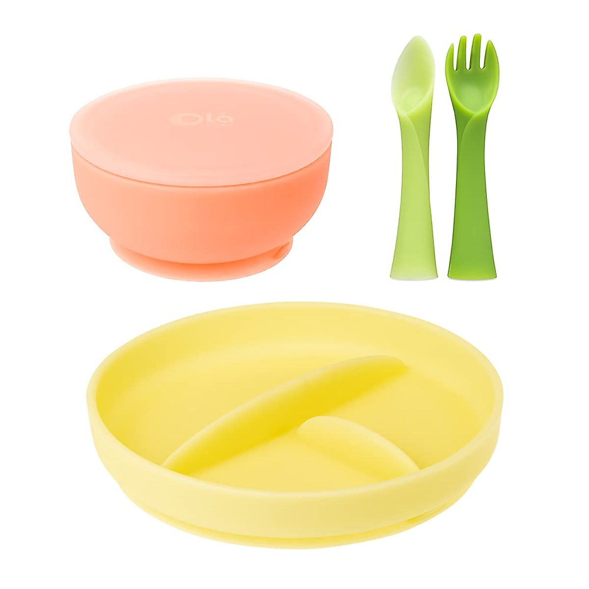 Olababy Training Fork, Training Spoon, Suction Bowl(Coral) and Suction Plate(Lemon) Bundle