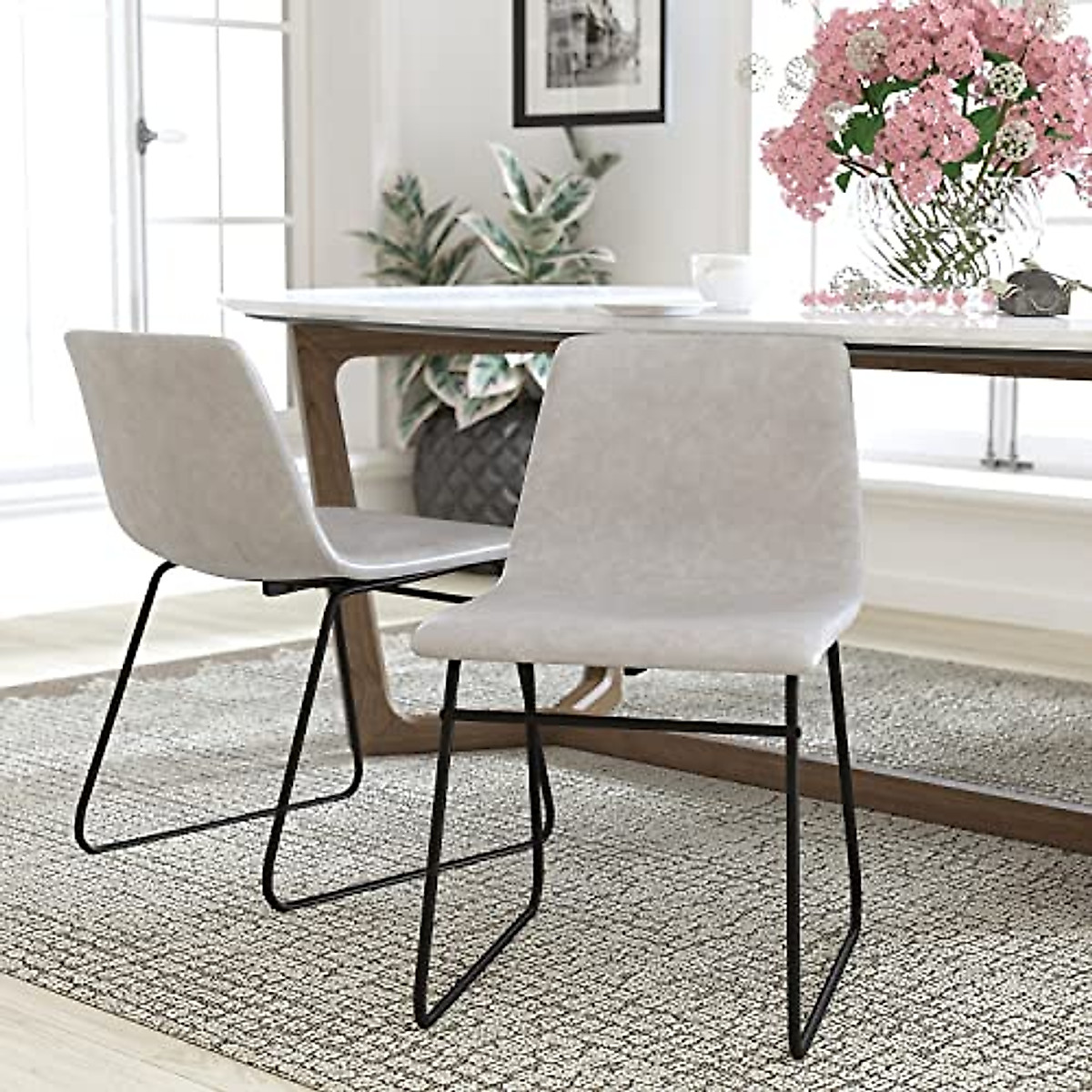 Flash Furniture Butler 18 Inch Commercial Grade LeatherSoft Dining Table Height Chair, Mid-Back Black Sled Base with Light Gray LeatherSoft Upholstery, Set of 2