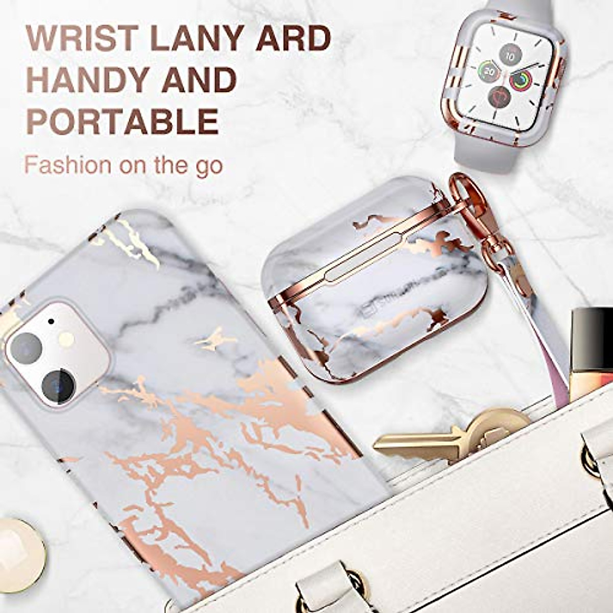 SURITCH Compatible with AirPods Pro Case, [Front LED Visible] Cute Marble Full Body Protection Slim Shockproof Rugged Protective Case Cover with Lanyard for AirPods Pro (White Marble)