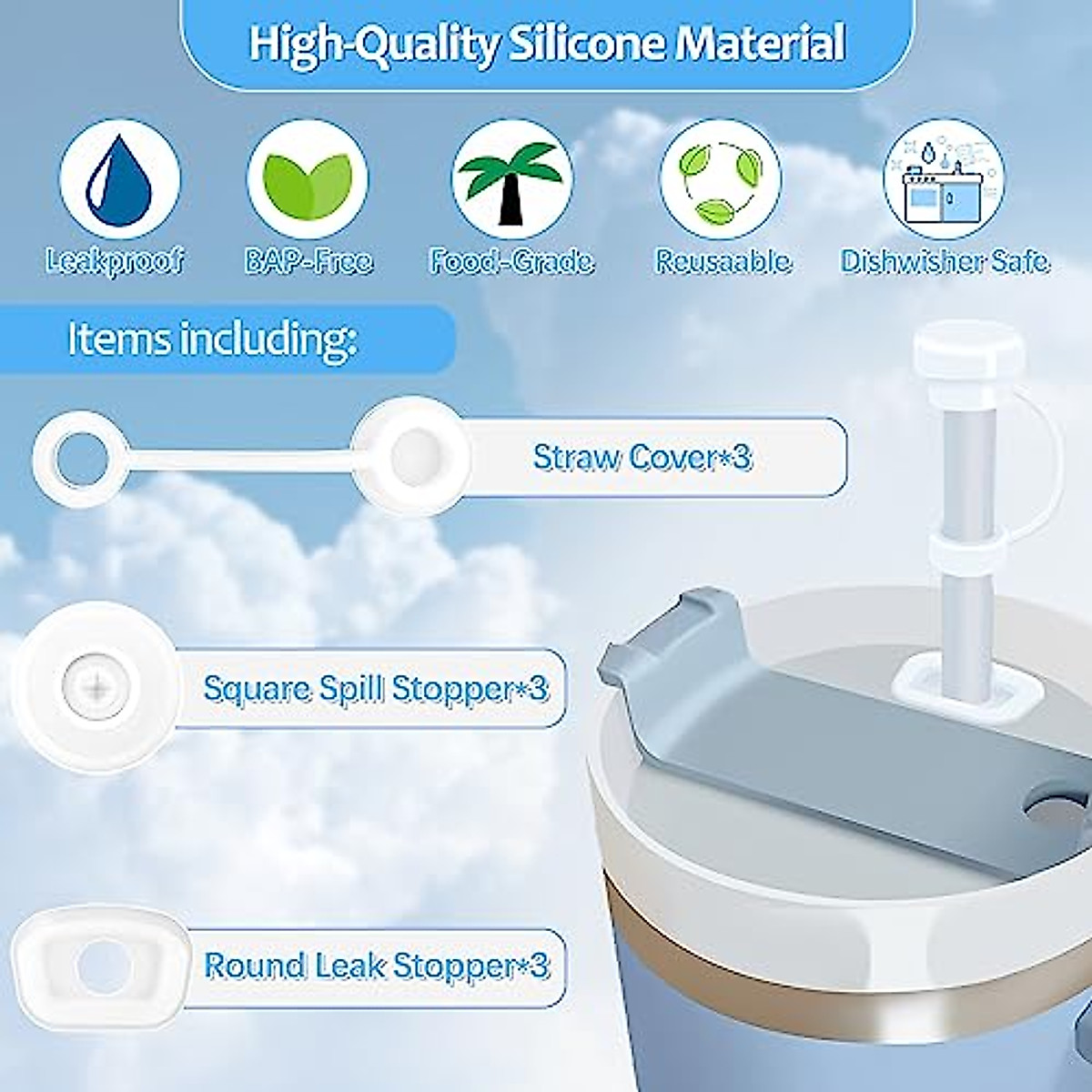 Toffos Silicone Spill Proof Stopper Set of 3, Compatible with Stanley Cup 1.0 40oz/ 30oz, Tumbler Accessories, Including 3 Straw Cover Cap, 3 Square Spill Stopper and 3 Round Leak Stopper