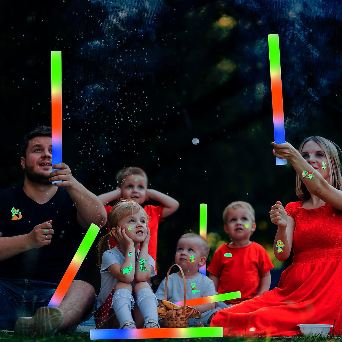 JDNRXO 28 PCS Glow Sticks Bulk, LED Light Up Foam Sticks Party Favors with 3 Flashing Modes, Glow in The Dark Party Supplies for Halloween, Wedding, Birthday, Carnival - Extra 5 Glowing Stickers