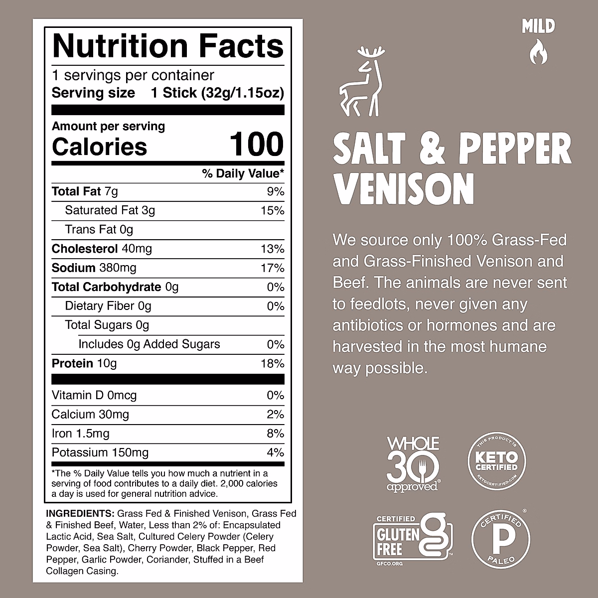 Chomps Grass-Fed & Finished Salt & Pepper Venison Jerky Meat Snack Sticks 10-Pack - Keto, Paleo, Low Carb, Whole30 Approved, 10g Lean Meat Protein, Gluten Free, Zero Sugar Food