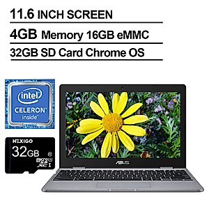 ASUS 2022 Premium Chromebook 11.6 Inch Laptop with Webcam| Intel Celeron N3350 up to 2.4 GHz| 4GB RAM| 16GB eMMC| Bluetooth| WiFi| Chrome OS + NexiGo 32GB MicroSD Card Bundle