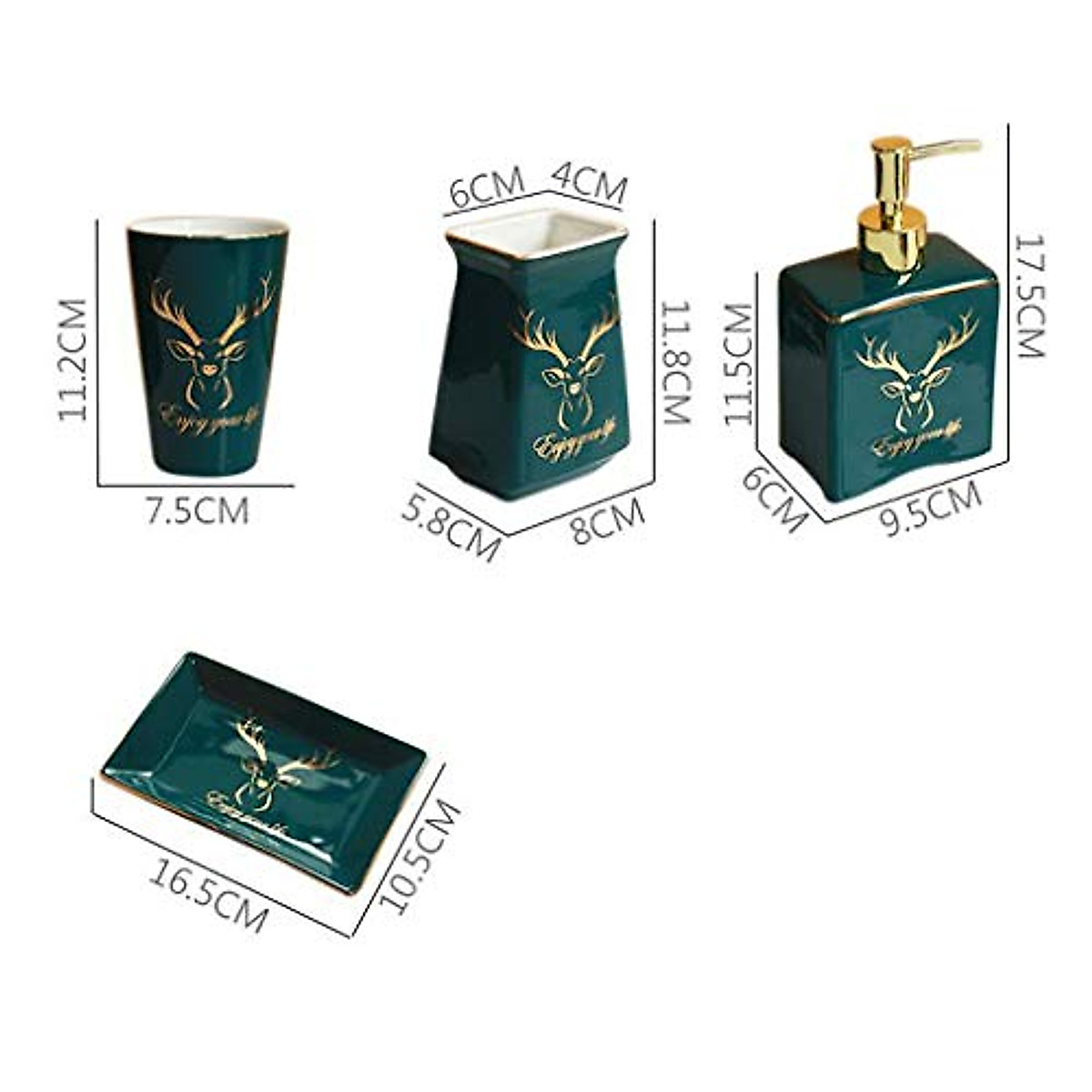 Soap Dispenser Hand Soap Dispenser Bathroom Accessories Set 5-Piece Green Ceramic Bath Accessory Completes with Lotion Dispenser/Soap Pump Toothbrush Holder Tumbler Mini Storage Tray Golden Deer Head
