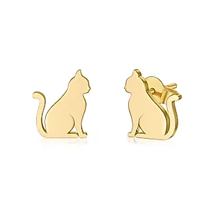 Solid 14k Gold Cat Earrings, Real 14 Carat Gold Stud Earrings for Women Teens, Animal Jewelry Gifts for Her