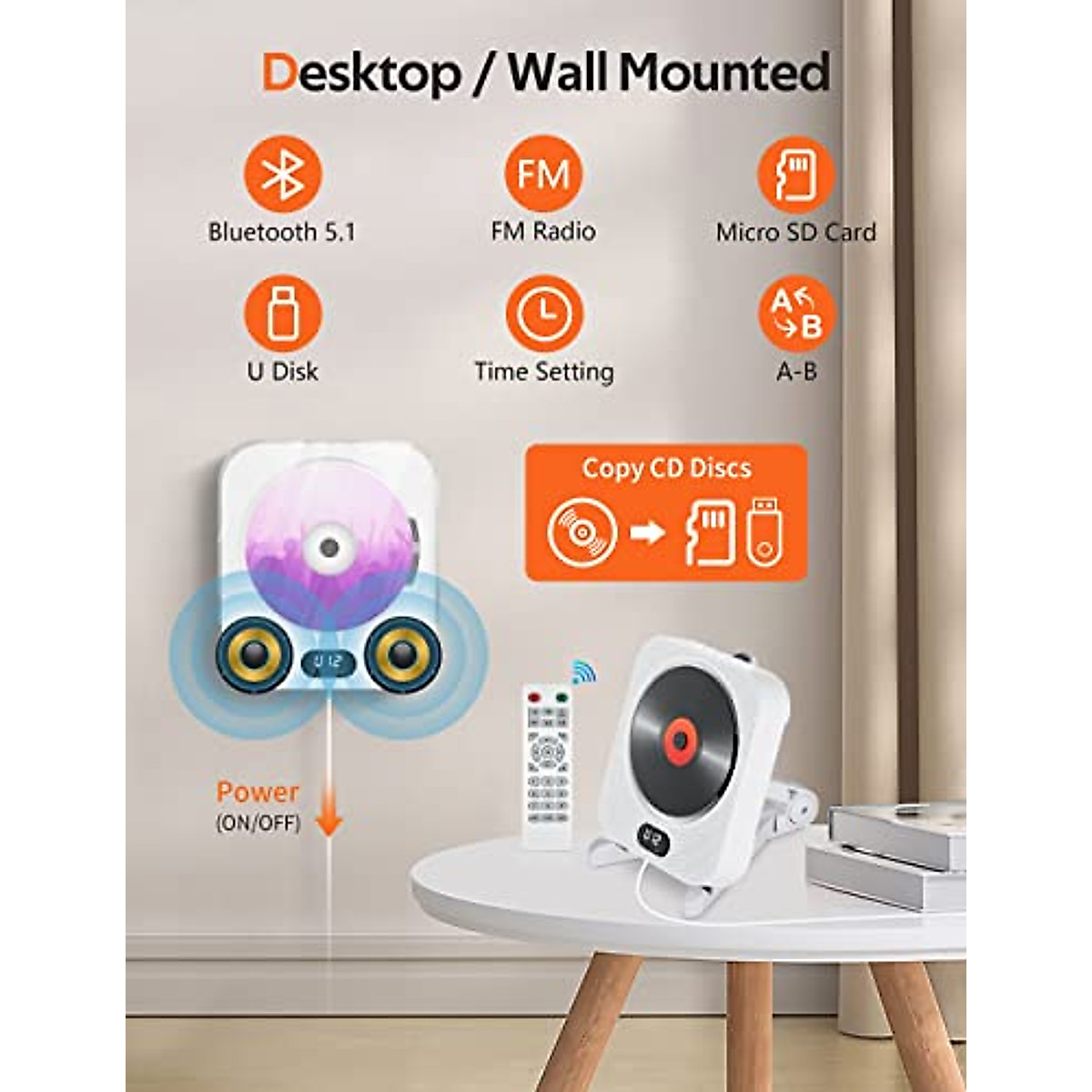 CozySound Portable CD Player Bluetooth for Home, Wall Mountable Desktop Kpop Music Players, Convert CDs to MP3, with Stereo Speakers, Remote, FM Radio, AUX Jack, Support U Disk/TF