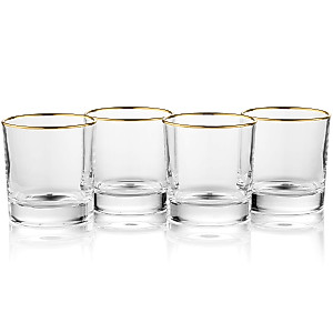 Whiskey Glasses Set of 4 Simple Design with 24K Gold Rim | Bar Glasses | Old Fashioned Tumblers | Lowball Glasses | Rocks Glasses | Standard12 OZ Drinking Glass