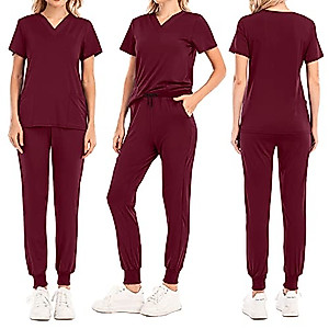 Scrubs Set for Women Joggers V-Neck Pocket Top Uniforms Athletic Stretch Set Workwear Drawstring Threaded Pant Legs