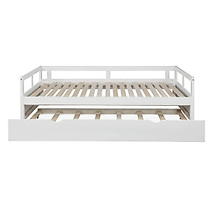 Bed Frame, Wooden Mattress Foundation with Roll Out Trundle Accommodate, Sofa Bed-Frame,Easy Assembly,White
