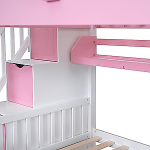 Harper & Bright Designs Full Over Full Bunk Bed with Stairs and Slide, Solid Wood Bunk Bed Frame with Storage Drawers and Bookshelf, for Kids Teens Girls Boys (Pink)