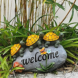 shumi Turtle Statue Outdoor Solar Light, Welcome Turtles on a Rock with 3 LED Lights, Solar Garden Sculpture & Statue, Resin Solar Powered Turtle Decor for Lawn Yard Garden Pond
