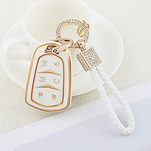 PIFOOG for Cadillac Escalade Key Fob Cover 2015 2016 2017 2018 2019 2020 Accessories 6 Buttons Keys Case Shell Full Covers Glitter Keychain Girly Women White Gold Soft TPU