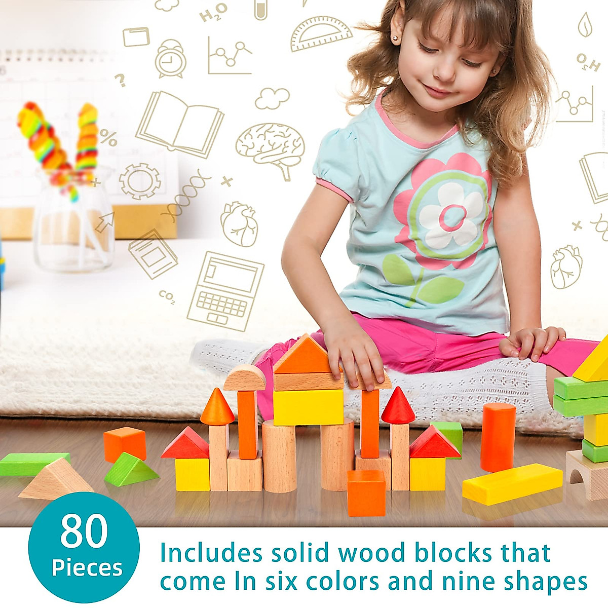 Wooden Building Blocks Set - Stacker Stacking Preschool Learning Educational Toys with Carrying Bag, Toddler Toys for 3+ Year Old Boy and Girl Gifts (80 Pcs)