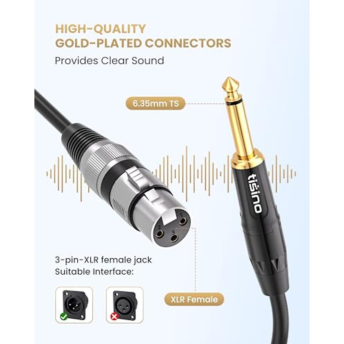 tisino Female XLR to 1/4 (6.35mm) TS Mono Jack Unbalanced Microphone Cable Mic Cord for Dynamic Microphone - 10 FT/3 Meters
