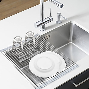 Elyum Dish Drying Rack Over The Sink Dish Drying Rack Stainless Steel Roll Up Dish Drying Rack Foldable Dish Rack for Kitchen Counter Dishes Cups Bottles Fruits Forks (17.7” x 10.2”, Gray)