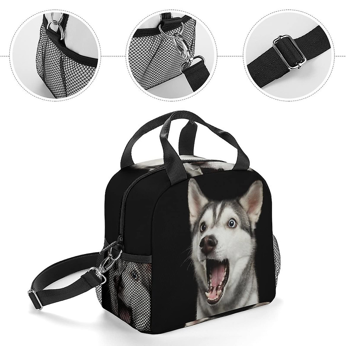 Lunch Box Women Boys Girls Funny Husky Dog Lunch Bag Insulated Thermos Tote with Water Bottle Holder & Removable Shoulder Strap for Back to School Travel Work