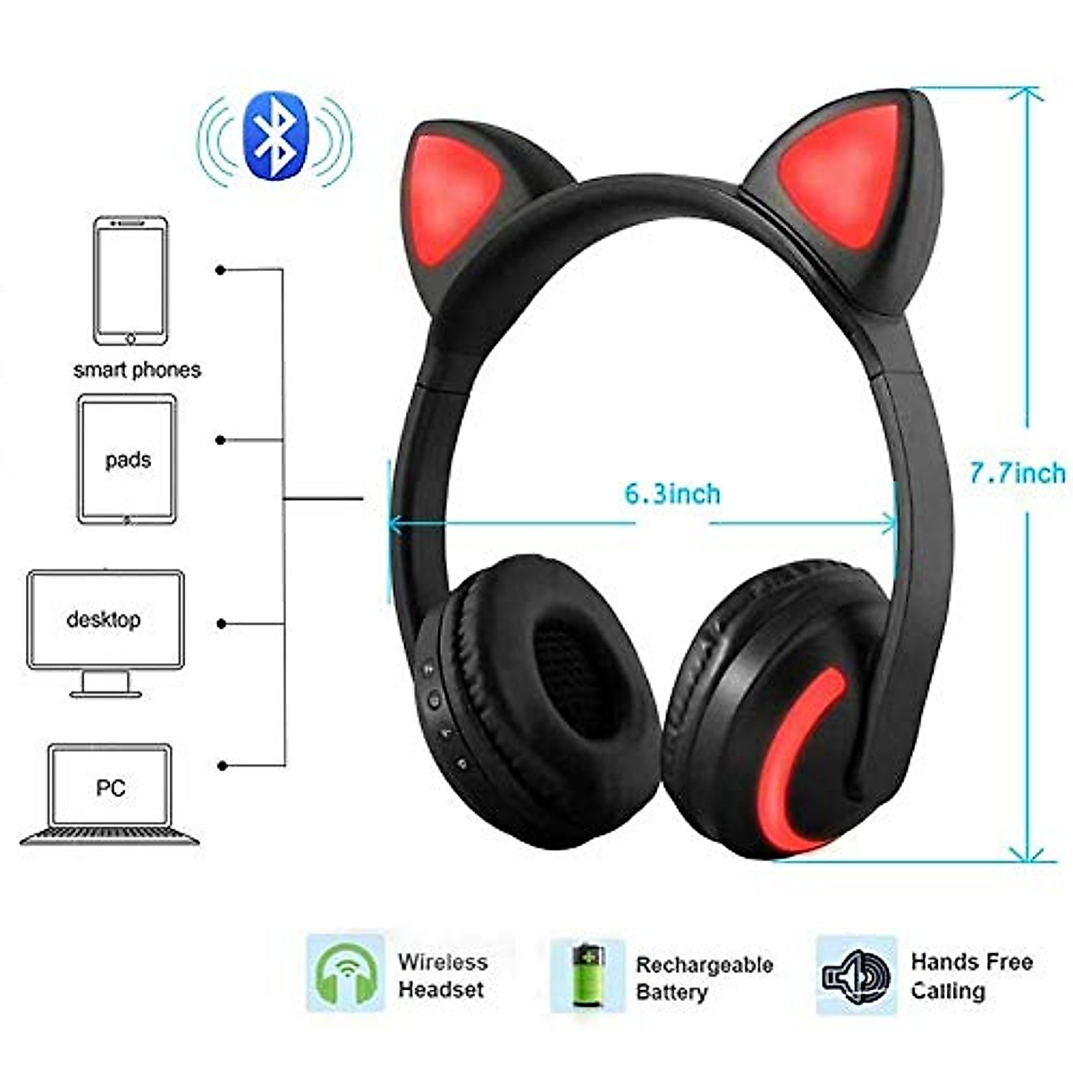 Luckyu Wireless Bluetooth Cat Ear Headphones with Mic 7 Colors LED Light Flashing Glowing On-Ear Stereo Headset Compatible with Smartphones PC Tablet