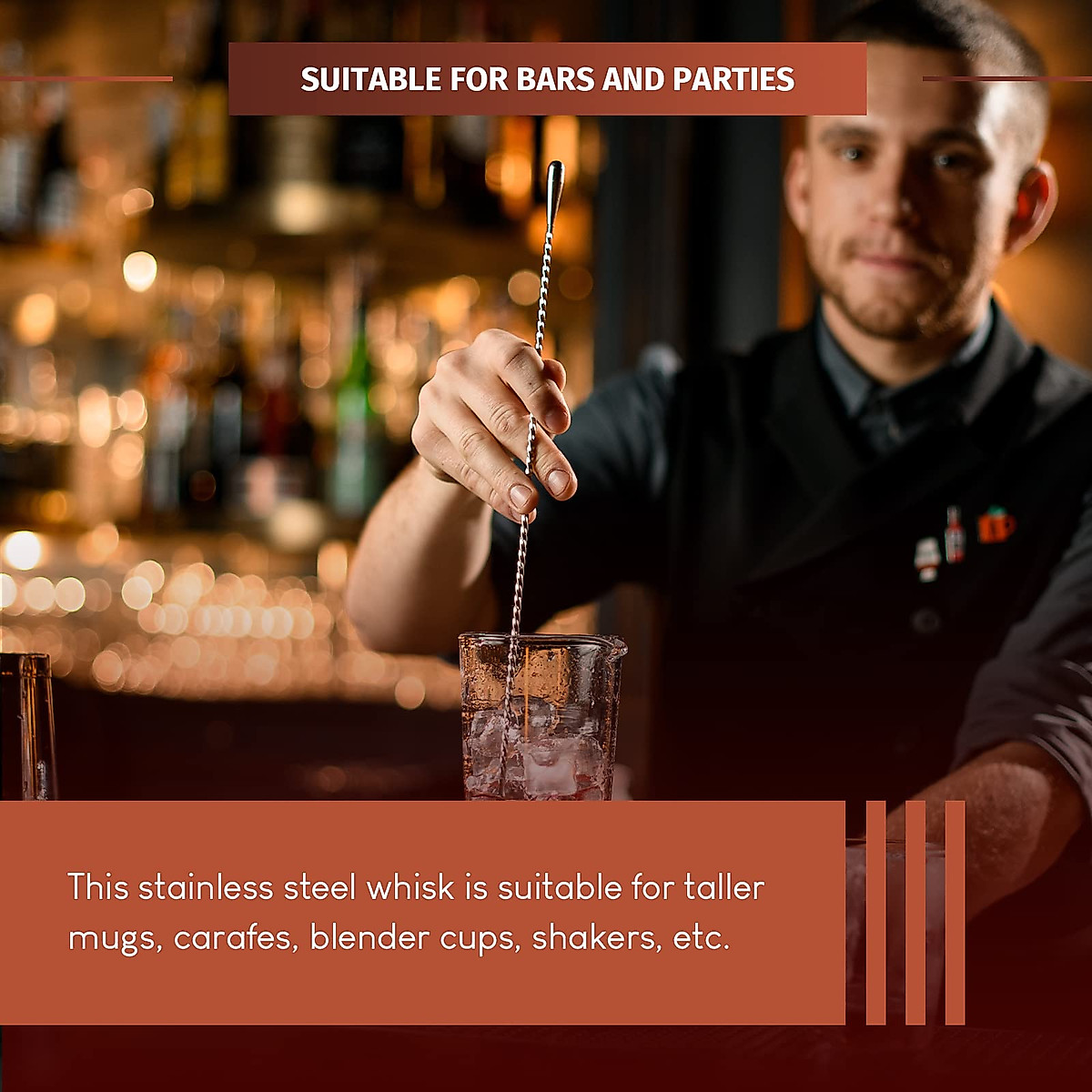 Roshtia 4 Pcs 15.7 Inches Bar Spoon Stainless Steel Cocktail Stirrer Mixing Spoon Spiral Pattern Bar Spoon for Cocktail Shaker Tall Cups