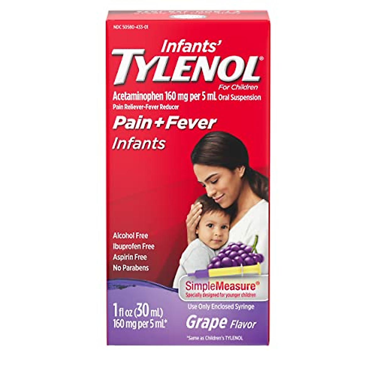 Tylenol Infants Oral Suspension Liquid Medicine with Acetaminophen, Baby Fever Reducer & Pain Reliever for Minor Aches & Pains, Sore Throat, Headache & Toothache, Grape Flavor, 1 fl. oz