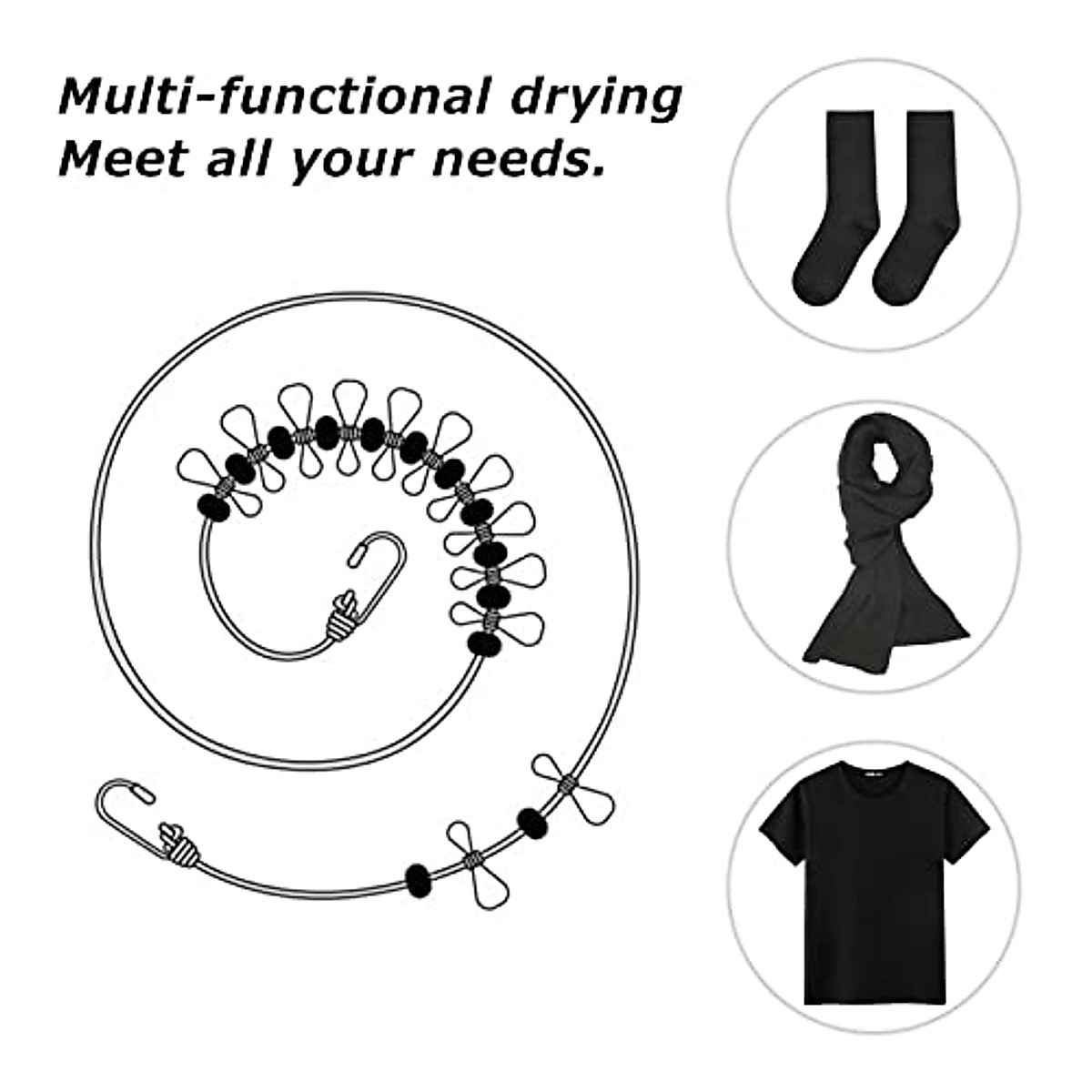 FYY Clothesline, Portable Elastic Travel Camping Clothes line with 12 Black Clips, Retractable Laundry Drying line for Home, Backyard, Hotel, Outdoor and Indoor Use (Black)