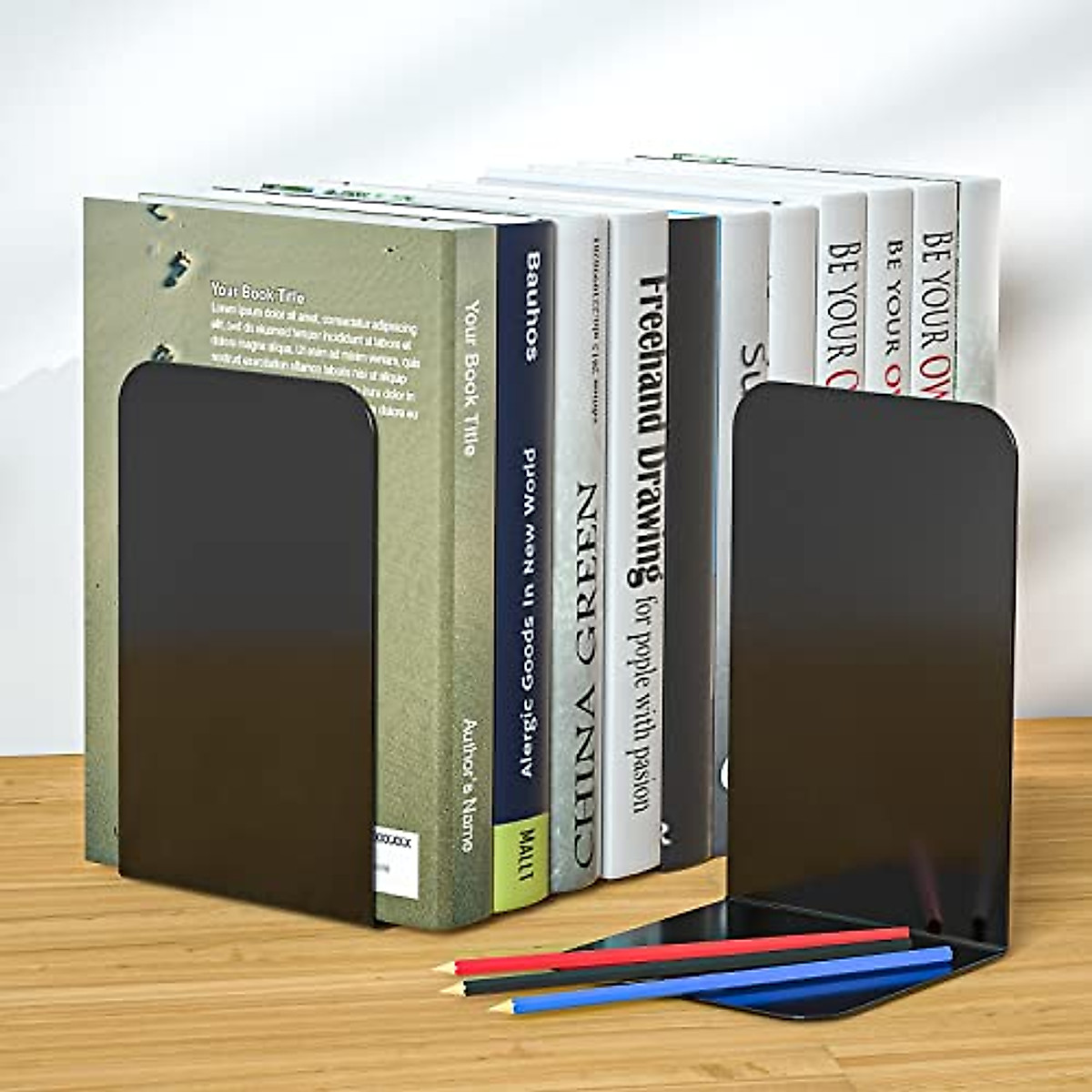Book Ends, DRLIFE Bookends for Shelves Premium Book Ends for Heavy Books, Book Shelf Holder Home Decorative for Books, Movies, CDs, Video Games, Metal Bookends Black (4 Pairs/8 Pieces)