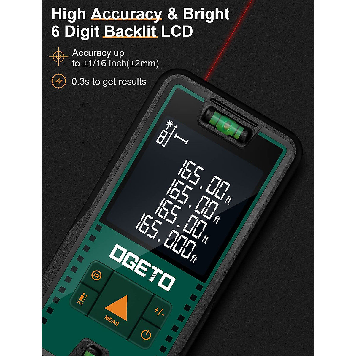 Laser Measure, Ogeto 165 Feet Digital Laser Distance Meter with 2 Bubble Levels,M/in/Ft Unit Switching Backlit LCD and Pythagorean Mode, Measure Distance, Area and Volume