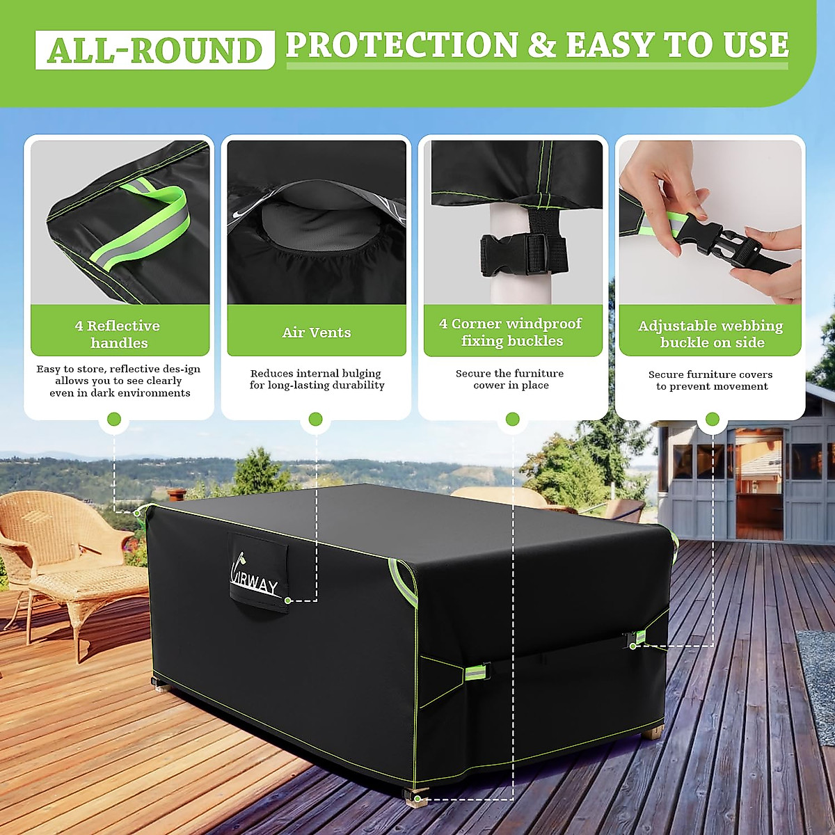 UIRWAY Patio Furniture Covers Waterproof, 96"L x 63"W x 40"H Outdoor Sectional Sofa Covers for Winter with Air Vent, 420D Heavy Duty Outdoor Coffee Table Chair Cover Rectangular with Reflective Strips