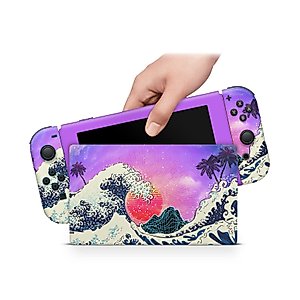 ZOOMHITSKINS Compatible with Switch Skin Cover Big Waves Anime Japanese Painting Ocean Sun Hurricane Sea Art Vinyl Decal Sticker Wrap, Made in The USA