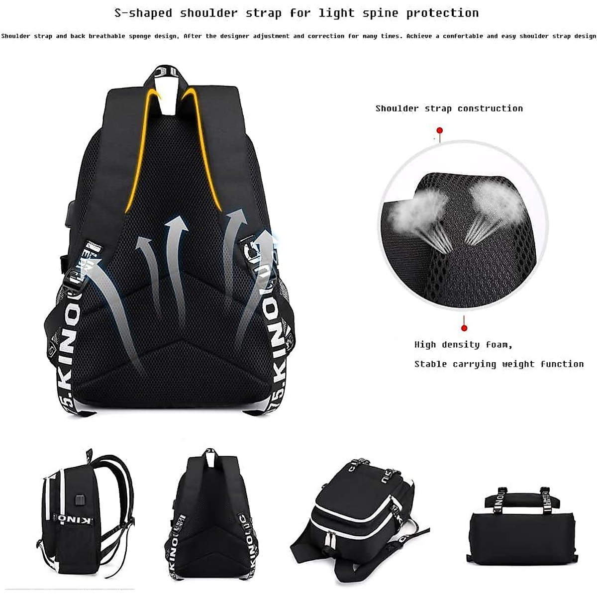 XinShuoBay Anime Backpack Laptop Bag With USB Port Large Casual Daypack 15.6 Inch Computer for Anime Fans (Black white 1)