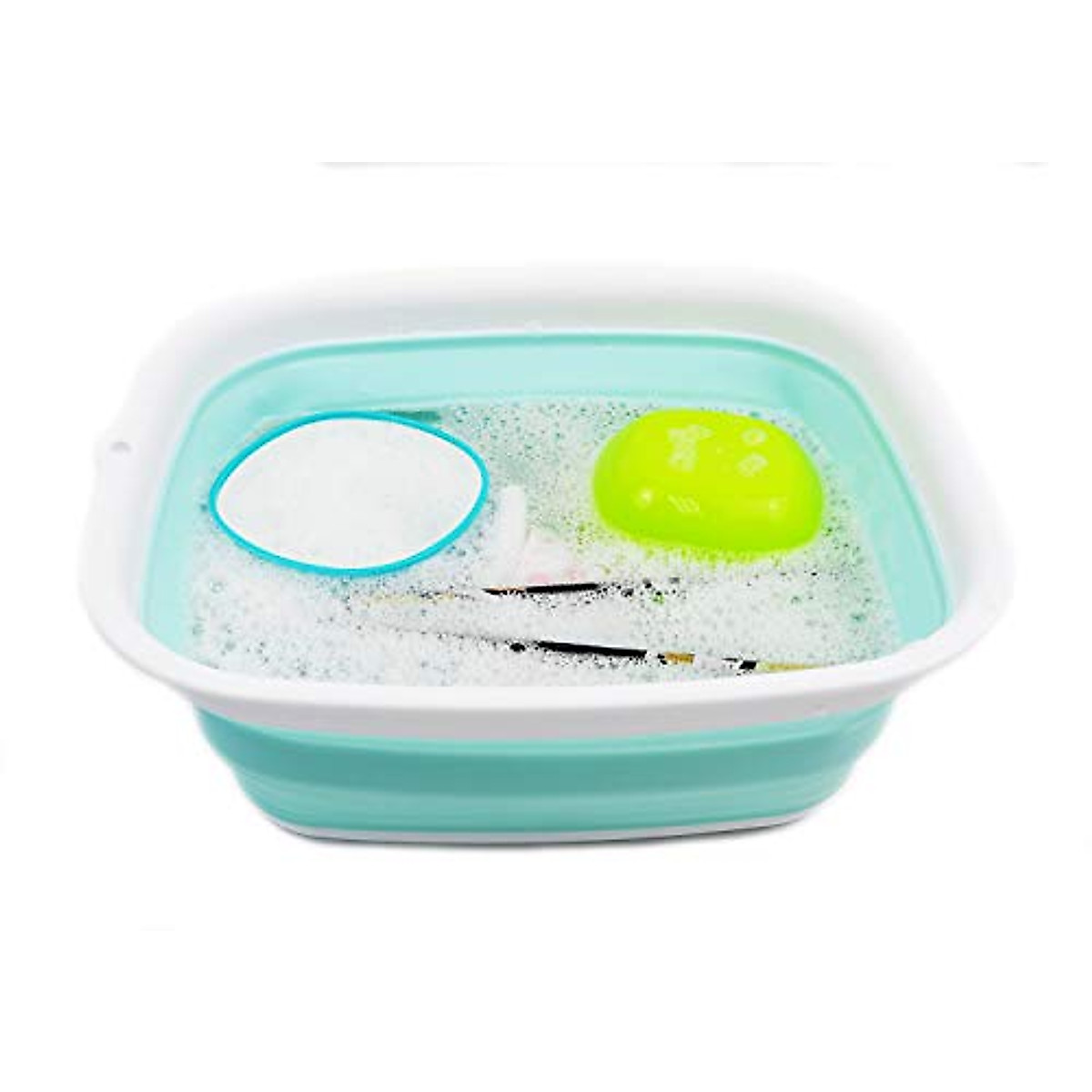 SAMMART 9.45L (2.5 Gallon) Collapsible Tub - Foldable Dish Tub - Portable Washing Basin - Space Saving Plastic Washtub (White/Lake Green, M)