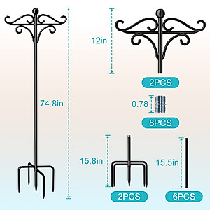 Keten Shepherds Hooks for Outdoor, 75” Double Bird Feeder Poles with 5 Prongs, Adjustable Outdoor Plant Hanger Hooks for Bird Feeder, Plant Baskets, Lanterns, Wedding Decor(2 Pack)