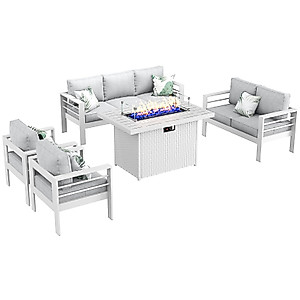 LayinSun Aluminum Furniture Set with Fire Pit Table, 5 Pieces Patio Sectional Conversation Chat Sofa Modern Seating Set