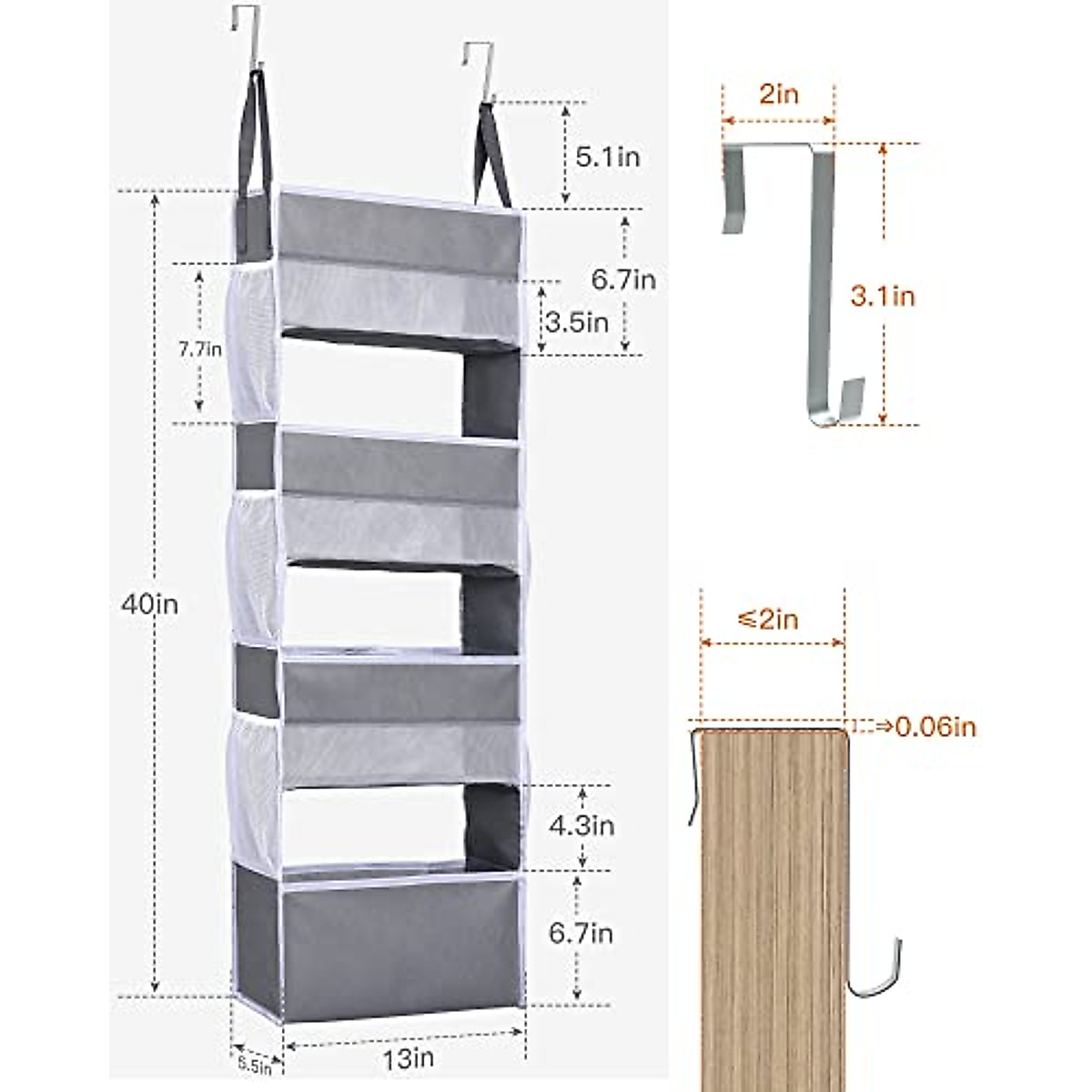 ULG Over Door Organizer with 4 Large Pockets 6 Mesh Side Pockets, 33 lbs Weight Capacity Hanging Storage Organizer with Clear Window for Bedroom Nursery, Baby Kids Toys, Diapers, Light Grey (1 Pack)