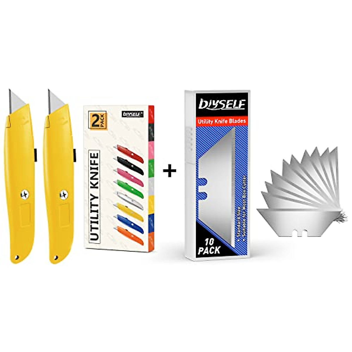 DIYSELF 2 Pack Box Cutter Retractable with 10 Pack Utility Knife Blades, Sharp SK5 Steel Utility Blades, Box Cutters for Cardboard, Paper, Carton(Yellow)