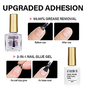 AILLSA Gel Nail Kit Short Almond Nail Tips 240pcs with 2 In 1 Nail Glue Base Coat and Nail Dehyrator, Soft Gel Full Nail Kit with Nail Lamp Top Coat for Starters Home Salon