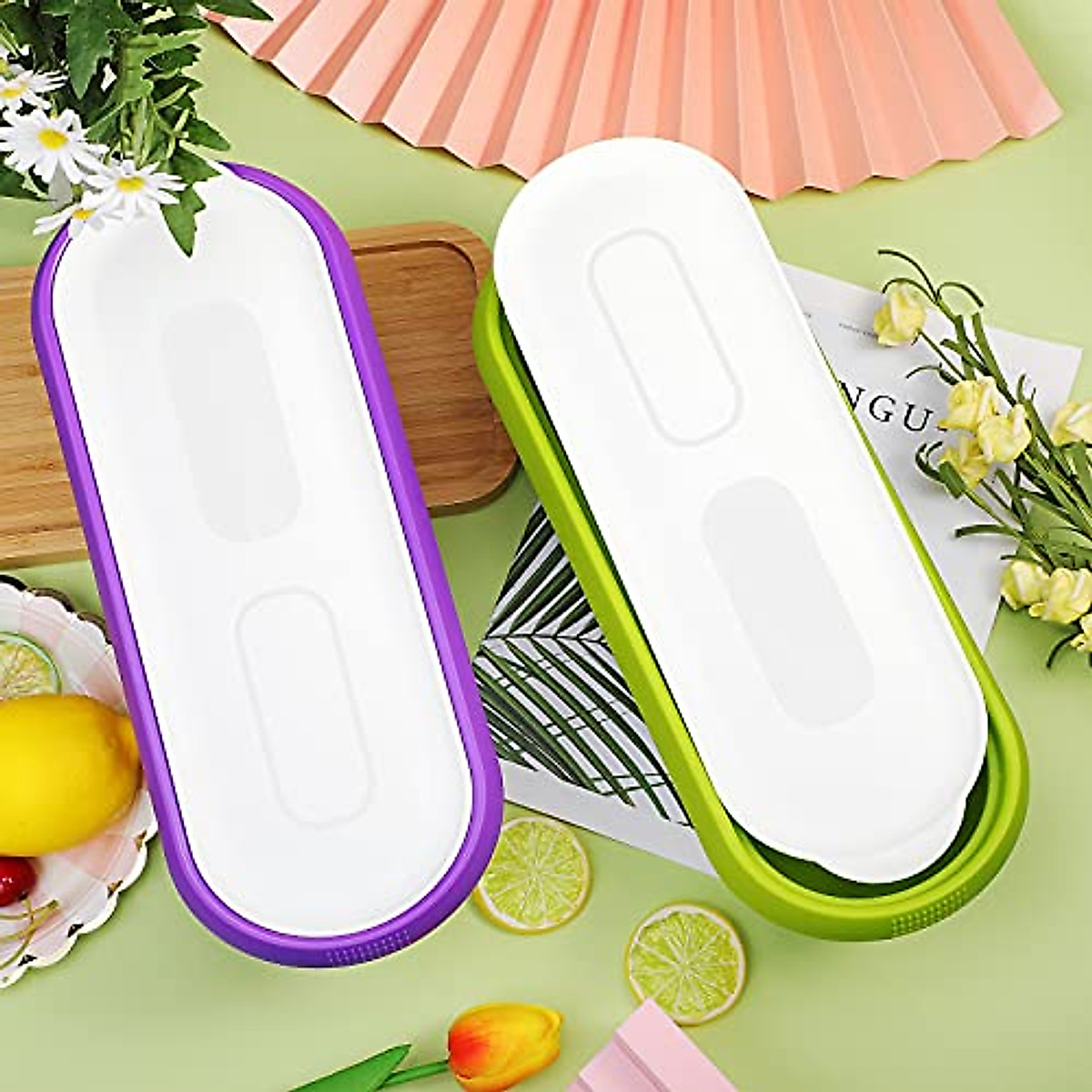 2 Pieces Ice Cream Storage Containers with Lids Set 2.5 Quarts Homemade Ice Cream Tubs, Reusable Cream Container with Non Slip Base Freezer Containers (Green and Purple)