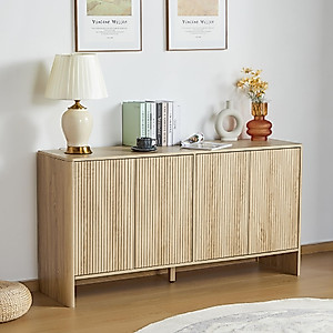 Sideboard Buffets Cabinet, Modern Accent Storage Cabinet with 4 Fluted Doors and Adjustable Shelves, Wood Credenza Buffet Sideboards, Console Table for Kitchen Dining Living Room Entryway (Natural)