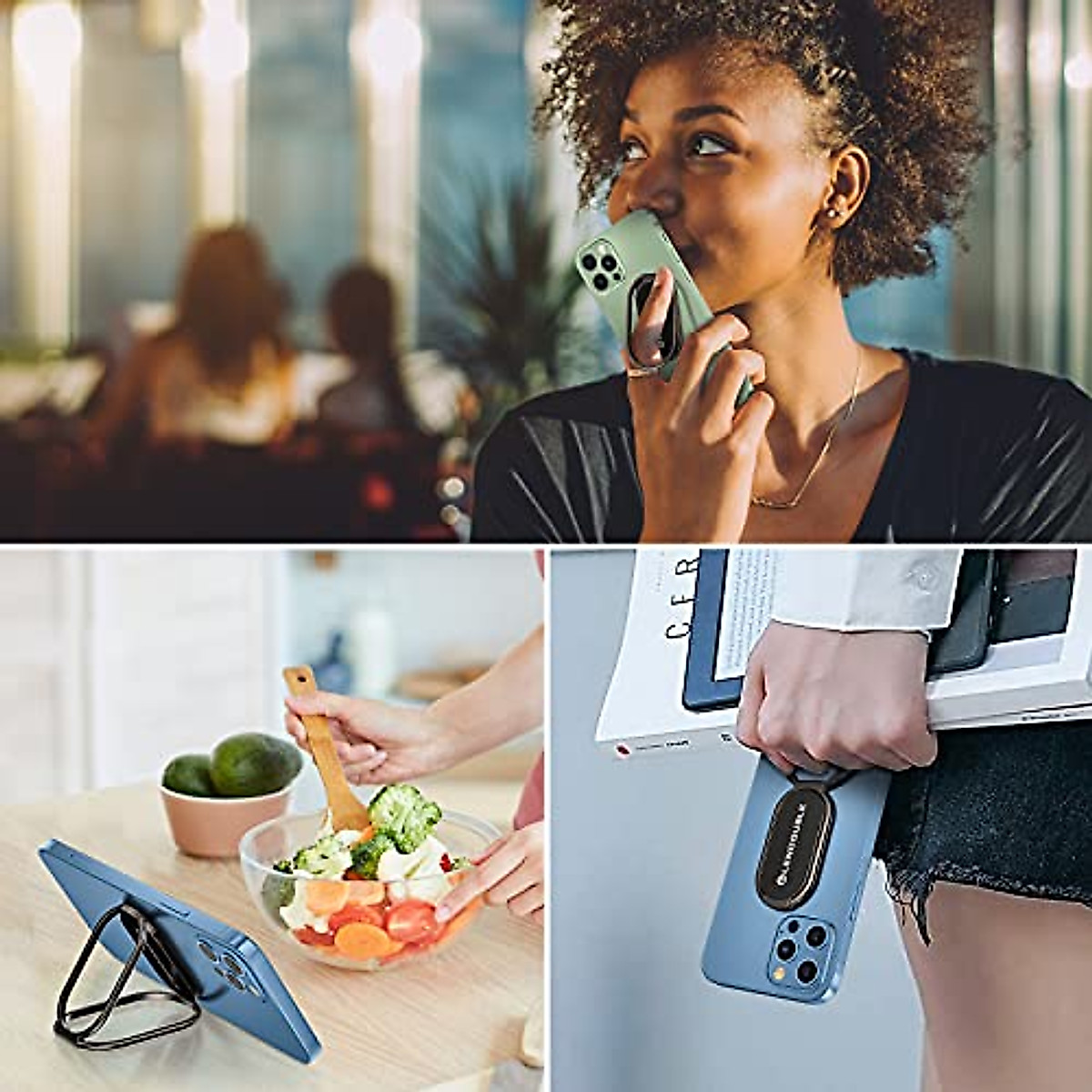 Phone Ring Holder Finger Kickstand, 360 Rotation Foldable Ultra-Thin Metal Cell Phone Back Hand Grip for Magnetic Car Mount & Office Desktop, Adjustable Cellphone Stand for iPhone 14 iPad Smartphones