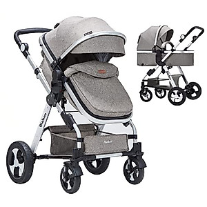 Blahoo Baby Stroller for Newborn, 2 in1 High Landscape Stroller, Foldable Aluminum Alloy Pushchair with Adjustable Backrest.Adjustable Awning, Variable Seat and Recliner（Coffee