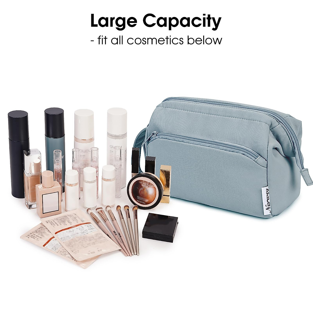 Narwey Wide-open Makeup Bag Women Make up Bag Travel Cosmetic Bag Organizer Toiletry Bag for Cosmetics Toiletries Accessories (Greyish Blue)